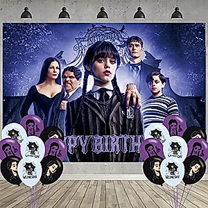 Wednesday Addams Birthday Party Decoration,Wednesday Addams Party Photo Background 5 x 3 FT and 18 Pcs Wednesday Balloon,Wednesday Merch Party Backdrop Supplies