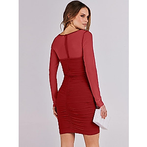 ANRABESS Women's Square Neck Mesh Ruched Bodycon Mini Dress Puff Long Sleeve Sexy Cocktail Party Short Dresses 2024 Large Red