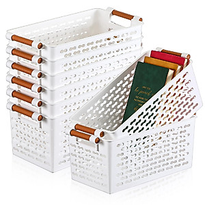Beeveer 8 Pcs Plastic Storage Basket for Organizing 12 x 6 x 5 Inches Plastic Baskets for Organizer Plastic Storage Bins for Shelf Closet Pantry Desktop Home Office(White)