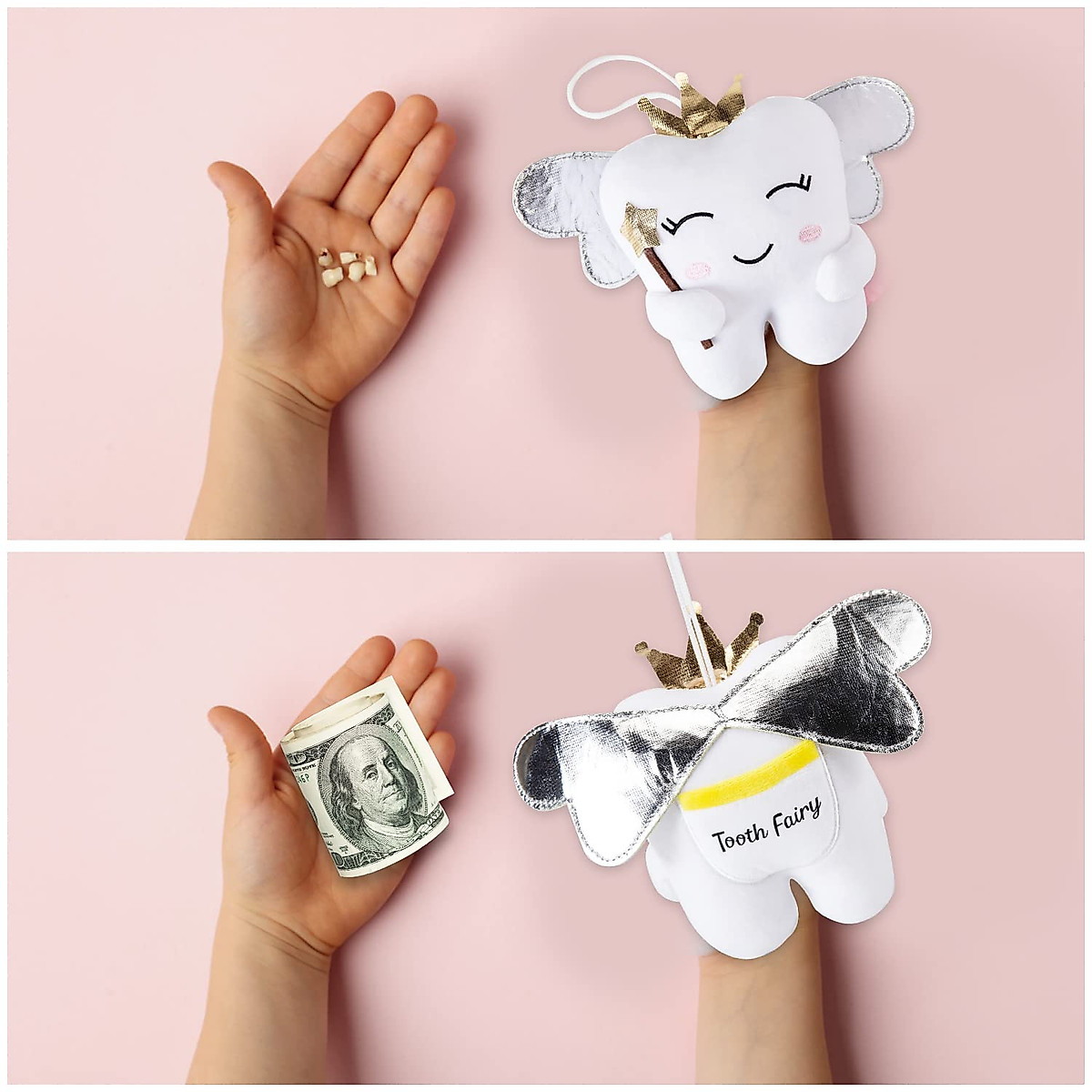 Tooth Fairy Pillow with Shiny Wings Embroidered Tooth Fairy Doll with Pocket Crystal Velvet Tooth Fairy Souvenir Boy Girl Gift (White) (Second Edition)