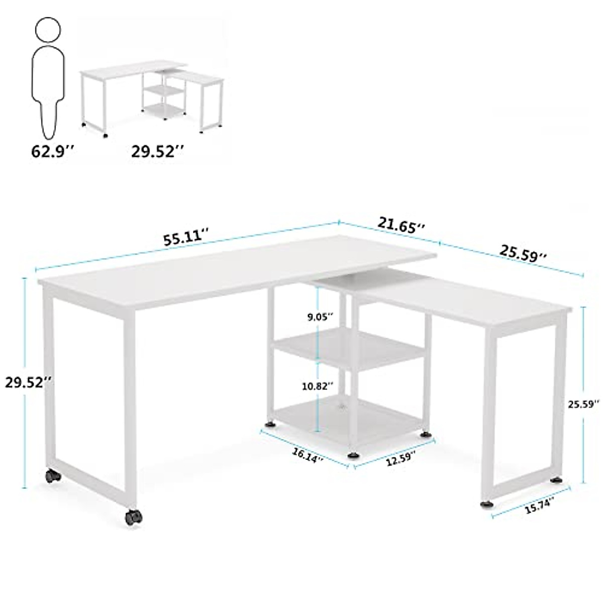 TRIBESIGNS WAY TO ORIGIN 55 Inch Reversible Office Desk, 360° Rotating L-Shaped Computer Desk with Storage Shelves, Modern Home Office Corner Desk Study Writing Table, High Glossy White