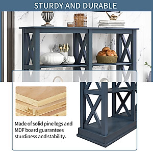 LUMISOL Narrow Industrial Console Table with 3 Tier Shelves, Entryway Table with X-Shape-Design Bookshelf, Sofa Table with Storage for Entryway, Navy Blue