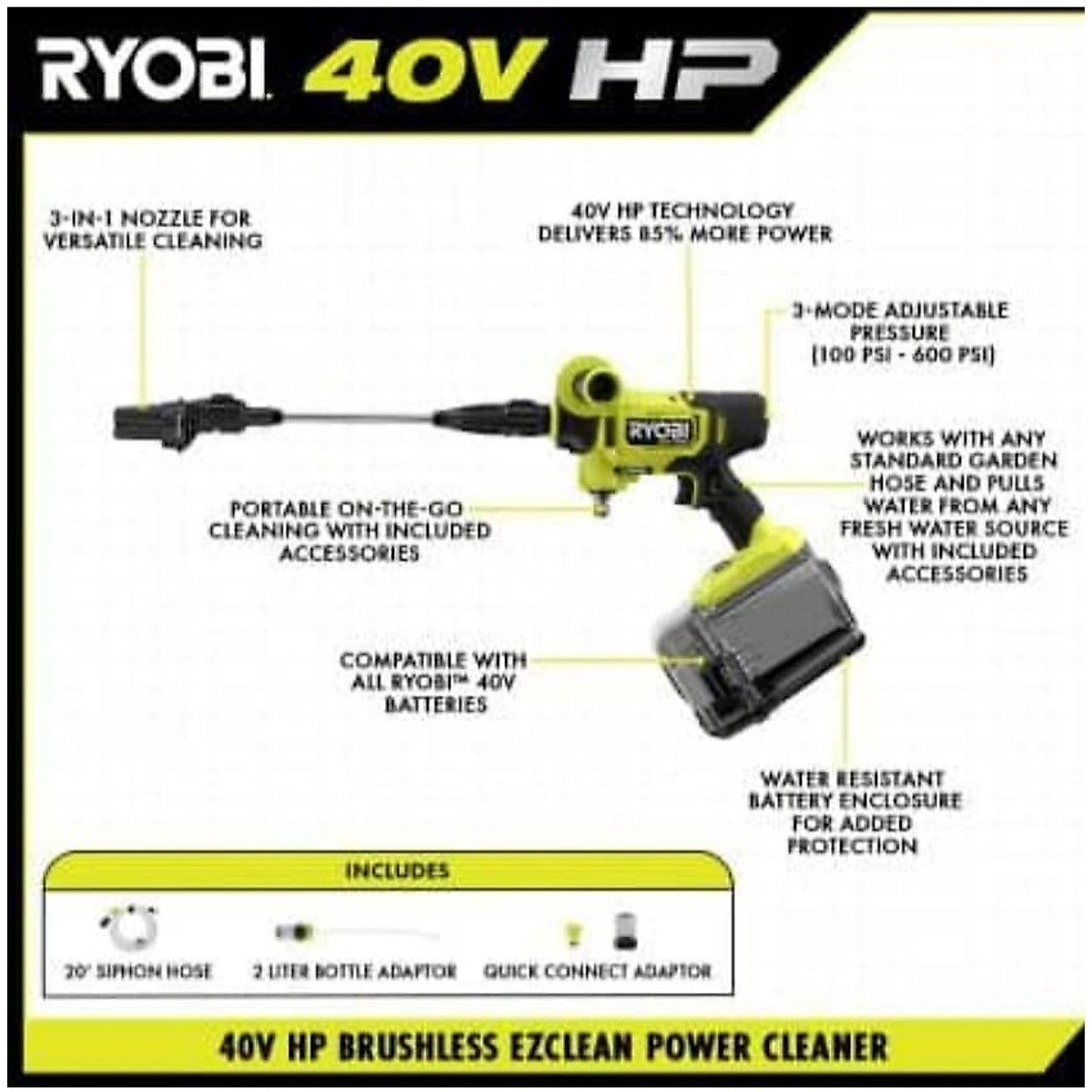 HP Brushless EZClean 600 PSI 0.7 GPM 40 Volt HP Cold Water Cleaner with 2.0 Ah Battery and Charger (11.3, 1)