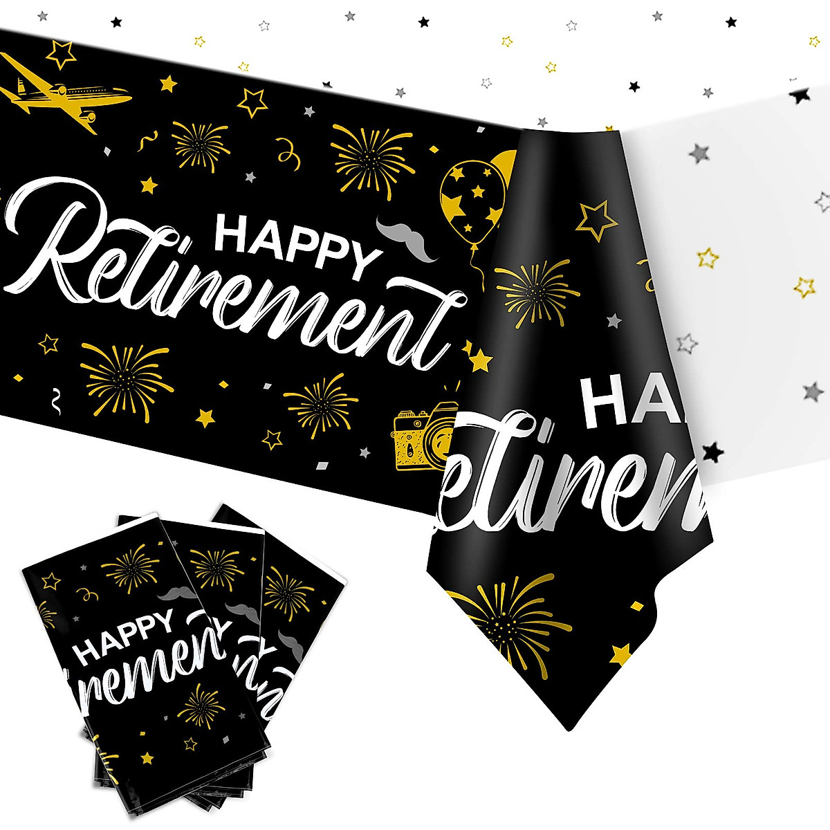 Retirement Decorations, 3pcs Black and Gold Happy Retirement Tablecloth, Plastic Disposable Rectangle Table Cover for Retirement Party Favor Decorations- 54" x 108"
