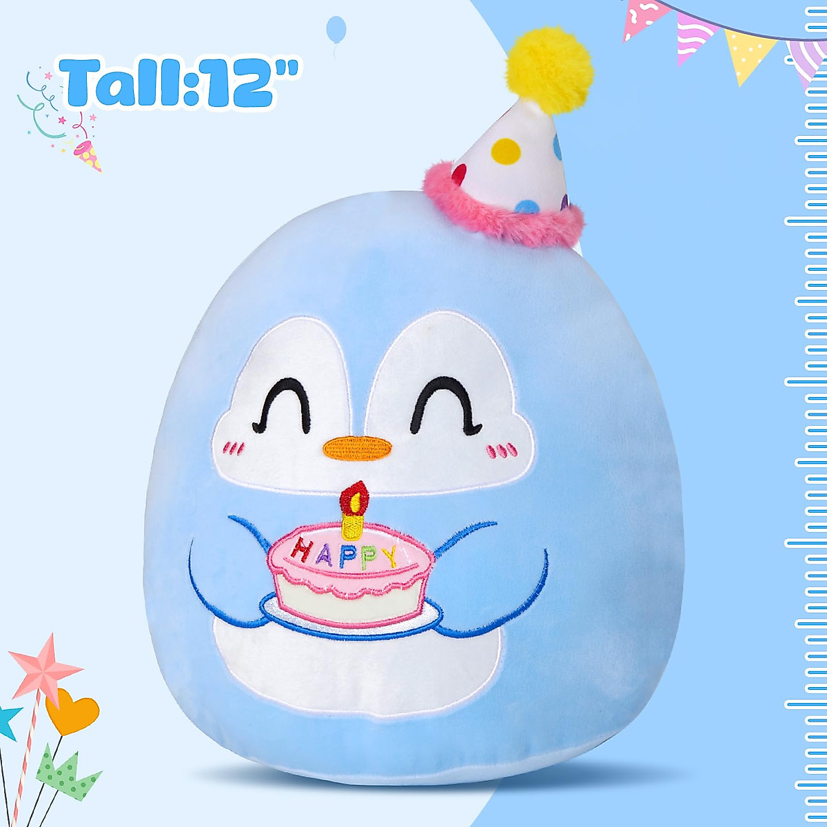 Houwsbaby 12'' Blue Happy Birthday Penguin Plush Pillow,Penguin Stuffed Animal Toy Holding a Cake,Cute Birthday Gift Decoration for Kids' Birthday Parties Boys Girls