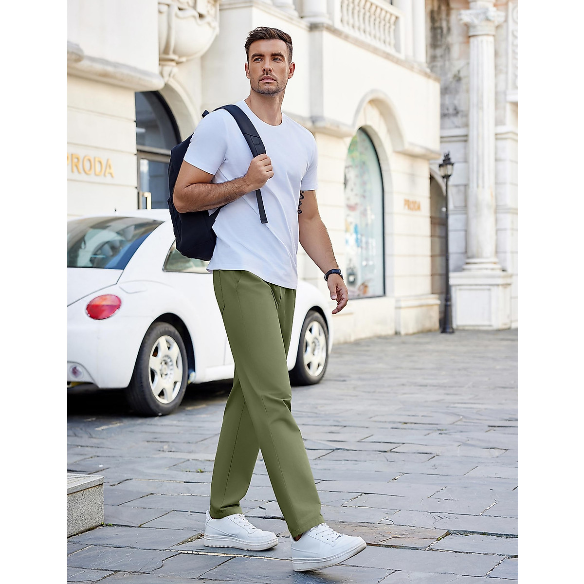 COOFANDY Men's Cargo Pants Regular Fit Elastic Waist Cotton Trousers Basic Drawstring Casual Pants Dark Green