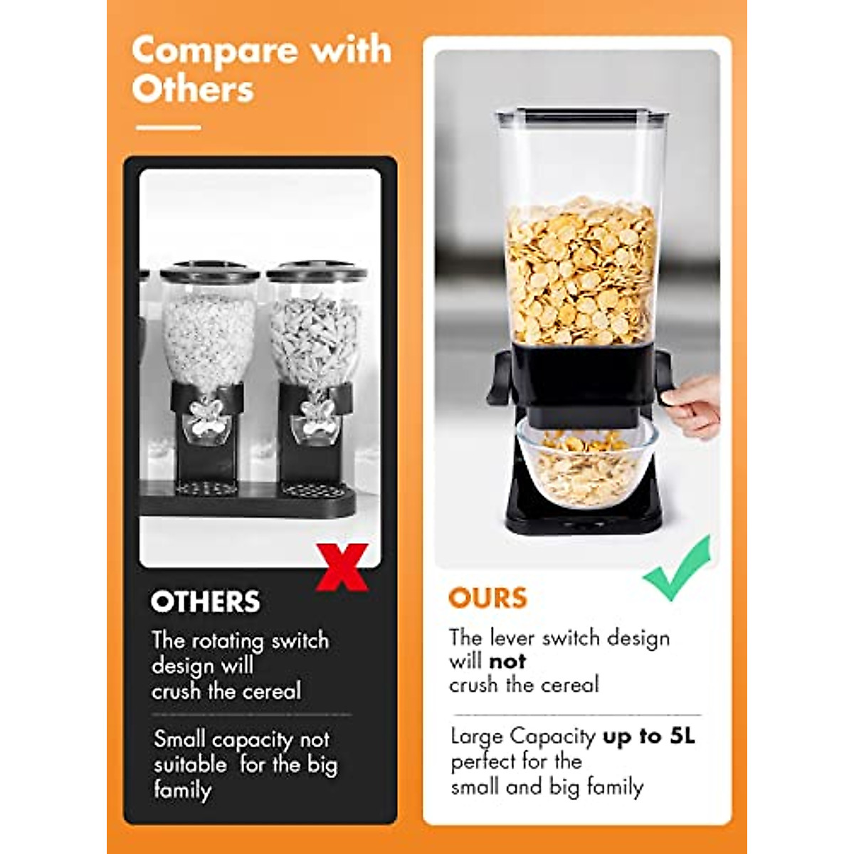 Conworld Cereal Dispenser Countertop, Large Capacity Rice Dispenser Cereal Container Storage, Not Easy to Crush Food, Dry Food Dispenser for Rice, Candy & Snack, Black (5.5 Qt)