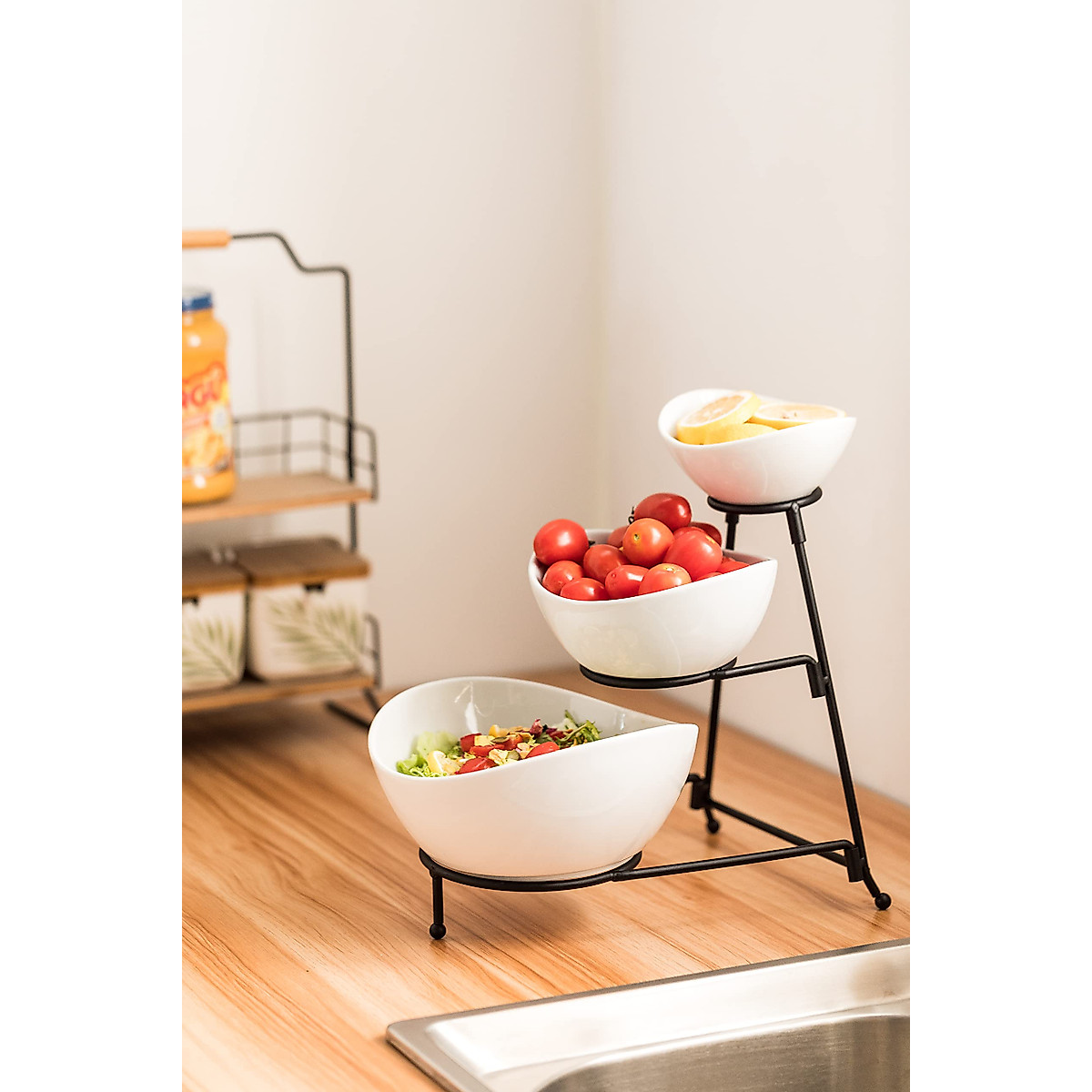 LAUCHUH 3 Tier Serving Stand Collapsible Sturdier Rack with 3 Porcelain Serving Platters Tier Serving Trays for Fruit Dessert Presentation Party Display Set
