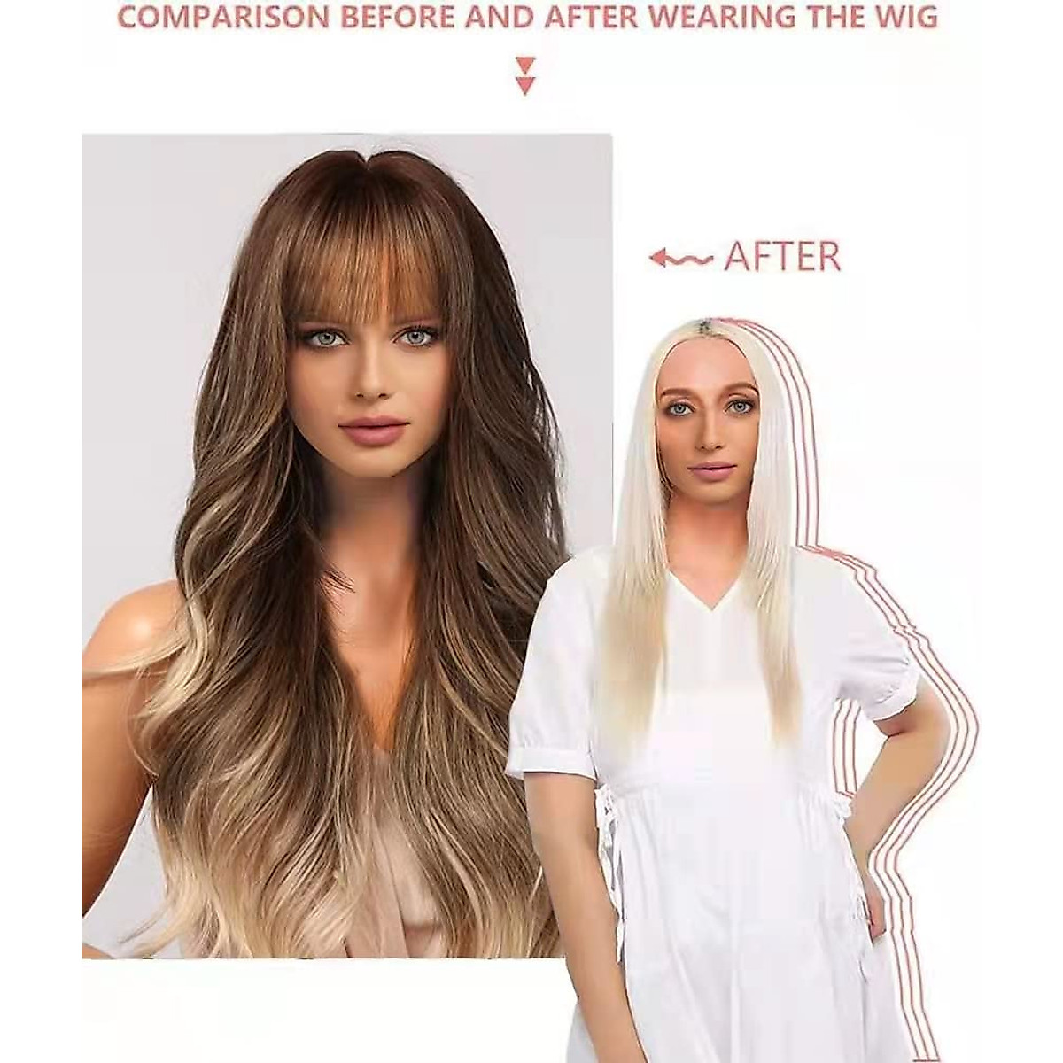 Blonde Wig Long Natural Women Wigs For Bob Wavy With Bangs Curly, Hippie Hair Ginger Replacement Clearance Cheap Cosplay Human Lace Hoods Front Real Synthetic (Brown Ash Blonde, 24inch)