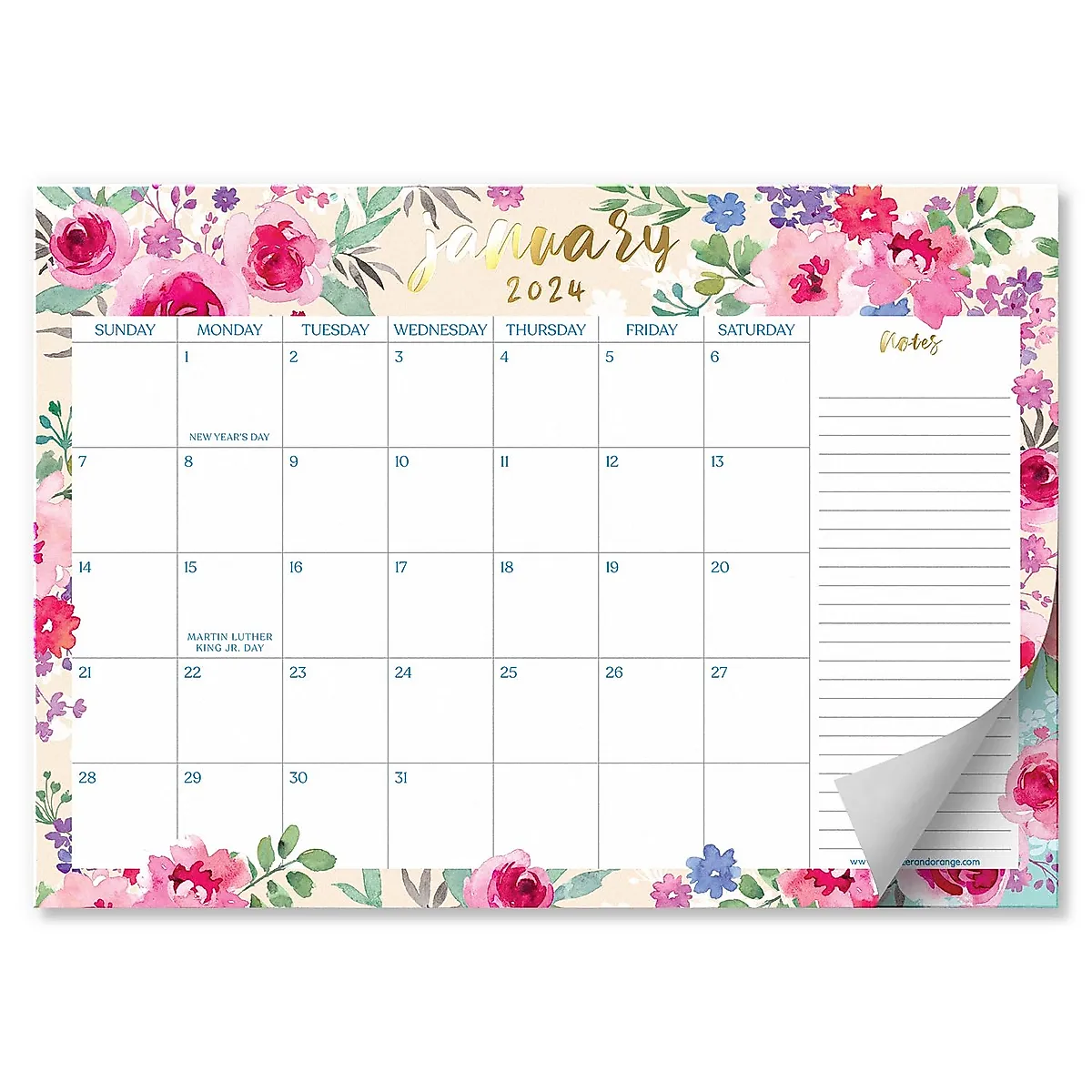 S&O Watercolor Floral Large Tear-Away Table Calendar 2024 - Desktop Calendar Runs from Now to Dec - 12x17in