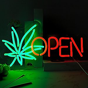 Moodlion Open Neon Sign, Neon Signs for Wall Decor, Dimmable Neon Green Leaf LED Signs for Bedroom Aesthetic, Light Up Neon Signs for Hotel Beer Bar Man Cave Club Pub Party Decorations