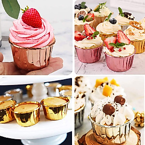 Cupcake Liners with Dome Lids 100Pack,Free-Air 3.5Oz Mini Foil Baking Cups Muffin Liners,Disposable Ramekins Cupcake Tins Cupcake Wrappers for Wedding Birthday Party,with Spoons-White in gold