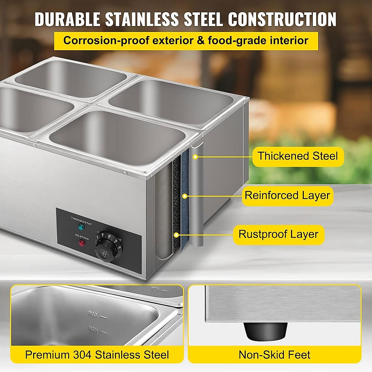 4 Pan Commercial Food Warmer, 19.2 QT Steam Table Food Warmer,600W Warmers for Food Trays Buffet with 86-185°F Temp Control,Steam Table with Lid and Tap for Catering and Restaurants,Silver