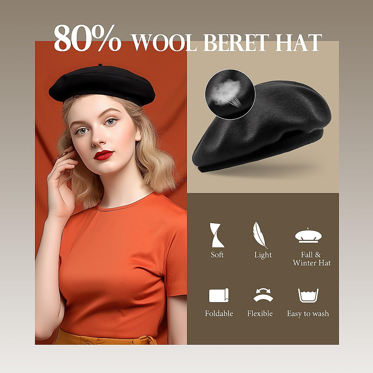 Jeicy Beret Hats for Women, Black Beret,Red Beret,French Wool Beret Hat, （Send a Silk Scarf Brooch） Indoor Outdoor