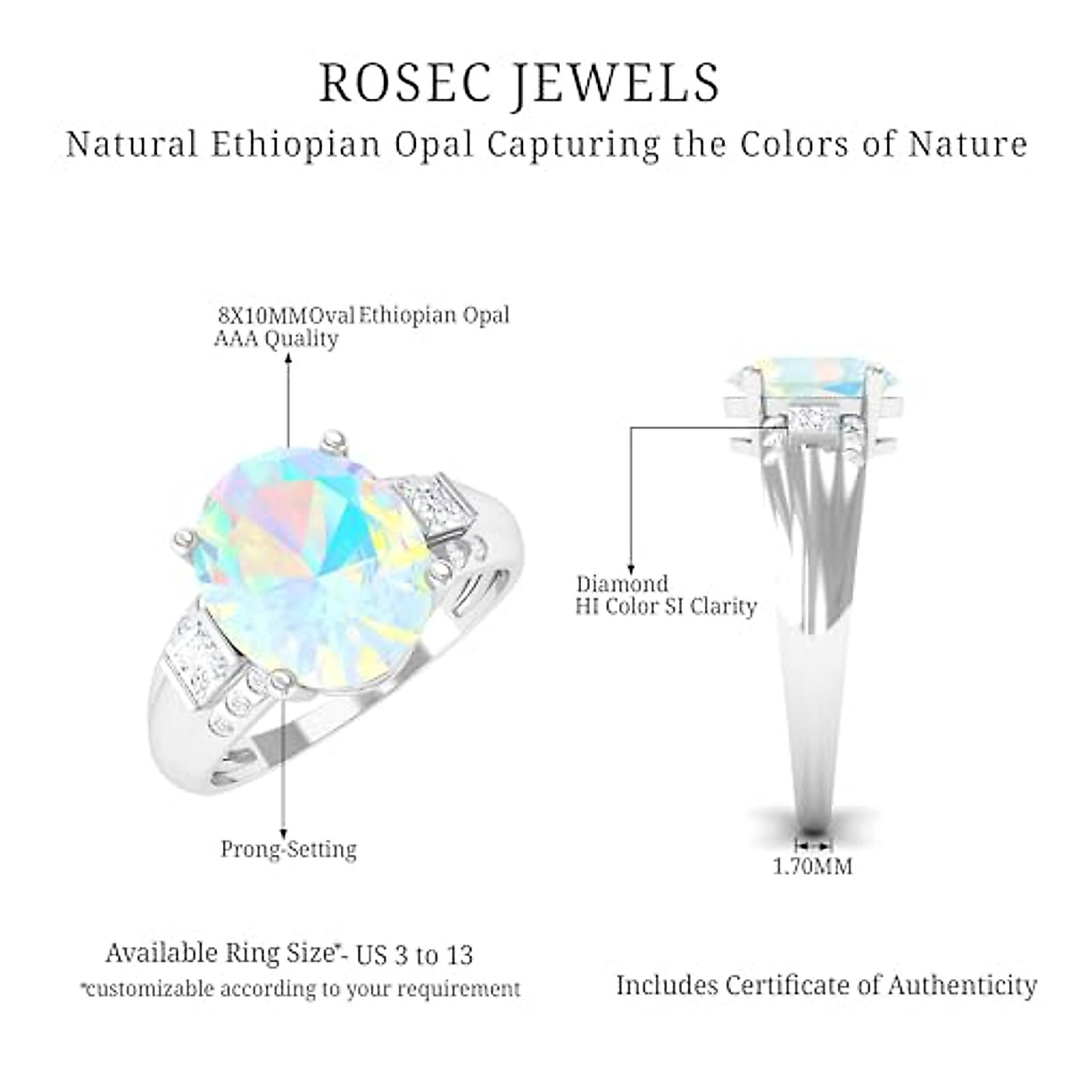 Natural Certified Opal 8X10mm Oval Engagement Ring, AAA Quality, Ethiopian Opal Diamond Solitaire Ring - With Jewelry Box, 14K White Gold, Size:US 7.00