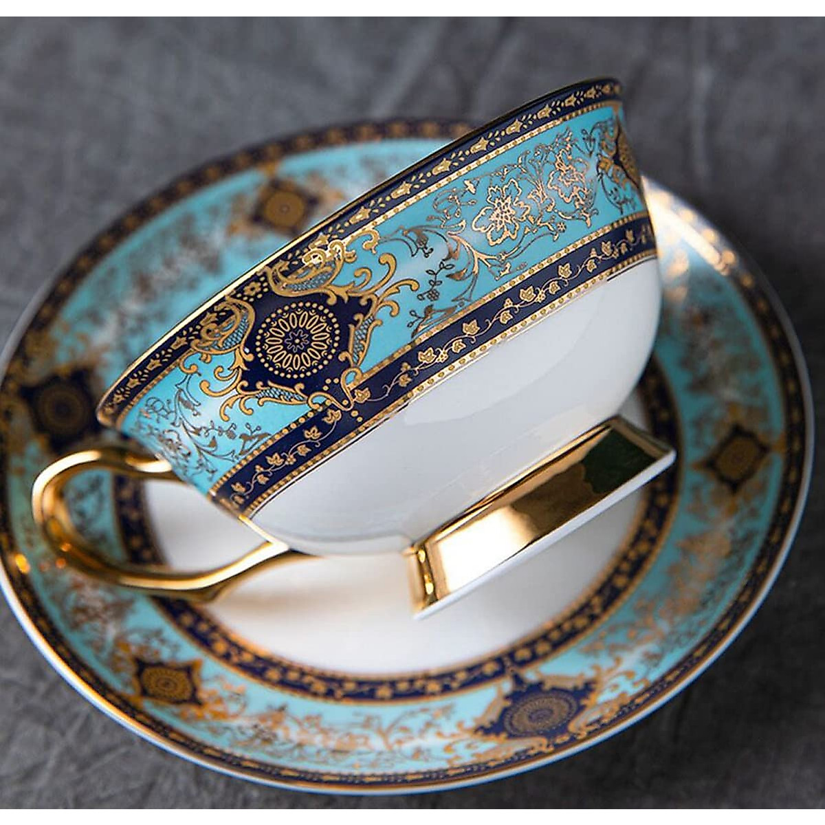 YBK Tech Euro Style Bone China Cup& Saucer Set, Ceramic Tea Coffee Cup for Home Kitchen Wedding (Royal Pattern- Sky Blue)