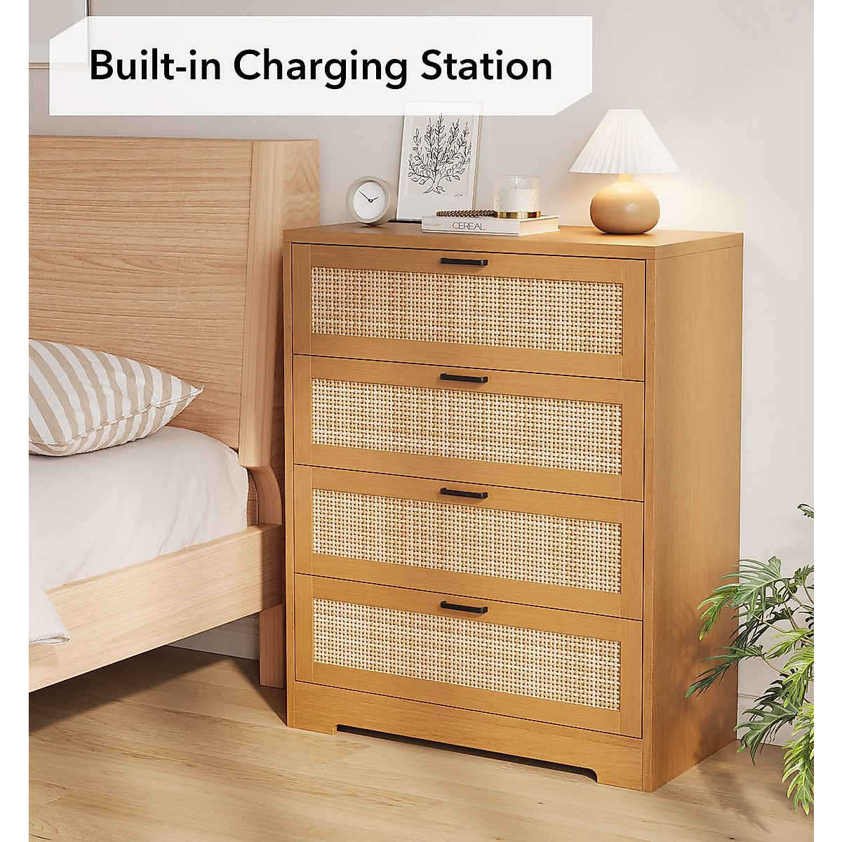 GarveeHome 4 Drawer Dresser Rattan Dresser, Tall Chest of Drawers, Wood Dresser for Bedroom, Closet, Living Room, Hallway