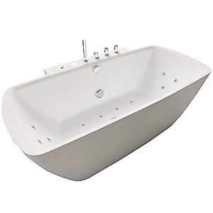 DKB Evian Jetted Whirlpool Tub in White, Deep Soaking Comfort, Hydro- Massage System 14 Whirlpool Jets & Adjustable Air Bubble Infusion, Center Drain, Handheld Shower
