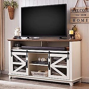 OKD Farmhouse TV Stand for 65+ Inch TV, Industrial & Farmhouse Media Entertainment Center w/Sliding Barn Door, Rustic TV Console Cabinet w/Adjustable Shelves for Living Room, Antique White