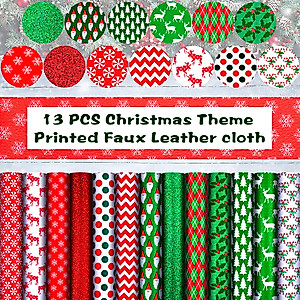 13 Pieces Christmas Faux Leather Sheets 6.3 x 8.3 Inch Green Red White Patterned Leather Fabric Xmas Synthetic Leather Sheets for DIY Crafts Bows Earrings Making Supplies (Animal Style)