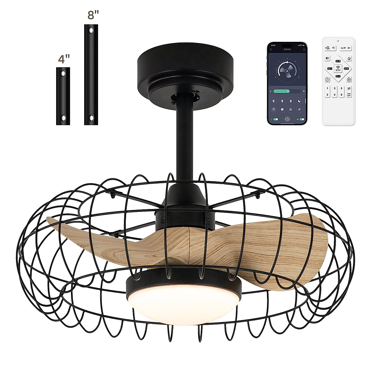 Nogcew Ceiling Fan With Lights and Remote, 20" Caged Ceiling Fans with Light,3-color Temperature,2 Rods, Reversible,Dimmable,Low Profile Ceiling Fan for Dining Room,Bedroom,Living Room