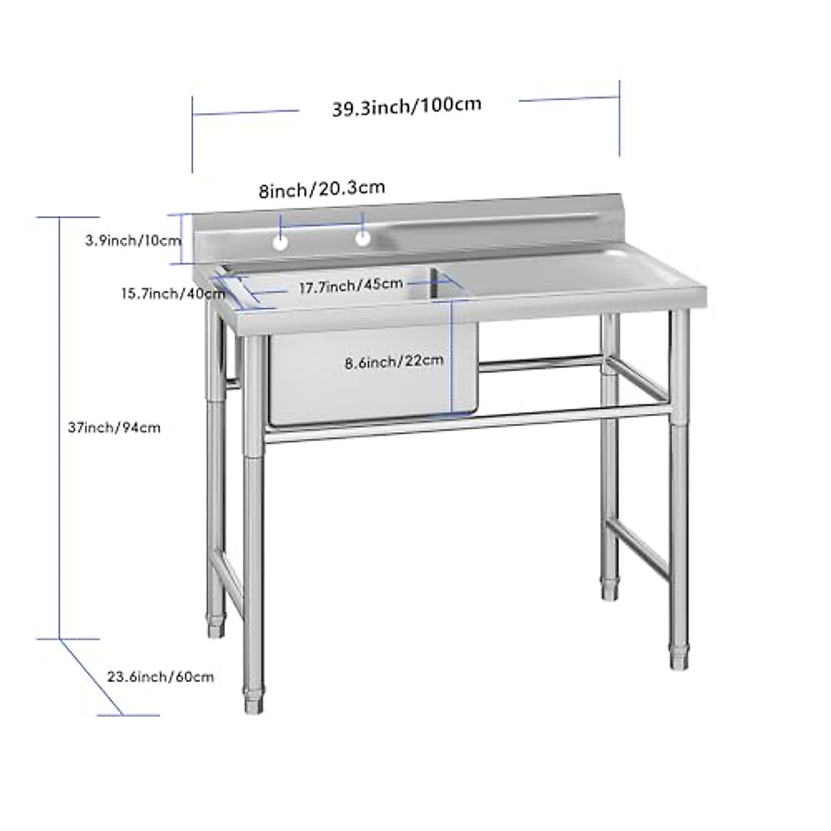 Gaomon Stainless Steel Sink, Commercial Kitchen Prep & Utility Sink Free Standing Single Bowl with Drainboard for Restaurant Laundry Garage Bar Workshop (1 Sink/W Drainboard, 39"L x 23.6"W x 37"H)