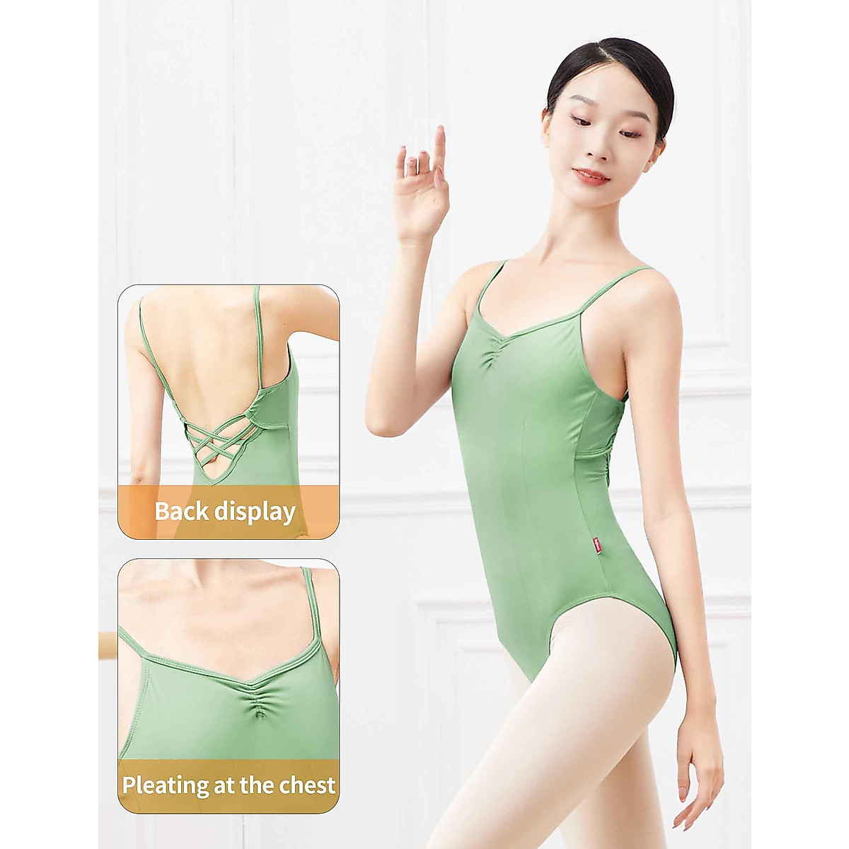 Cuulrite Women's Ballet Dance Leotards Nylon Camisole Gymnastics Leotard, Open Back Cross Straps, Green, Small