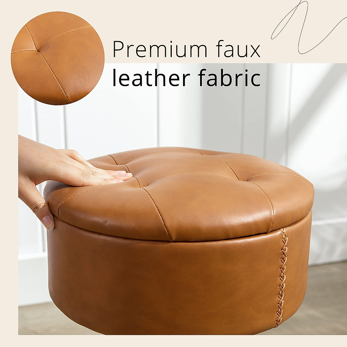 LUE BONA 360°Swivel Vanity Stool Chair for Makeup Room, Height Adjustable Stool for Vanity with Storage, Small Whiskey Brown Faux Leather for Bathroom, Living Room