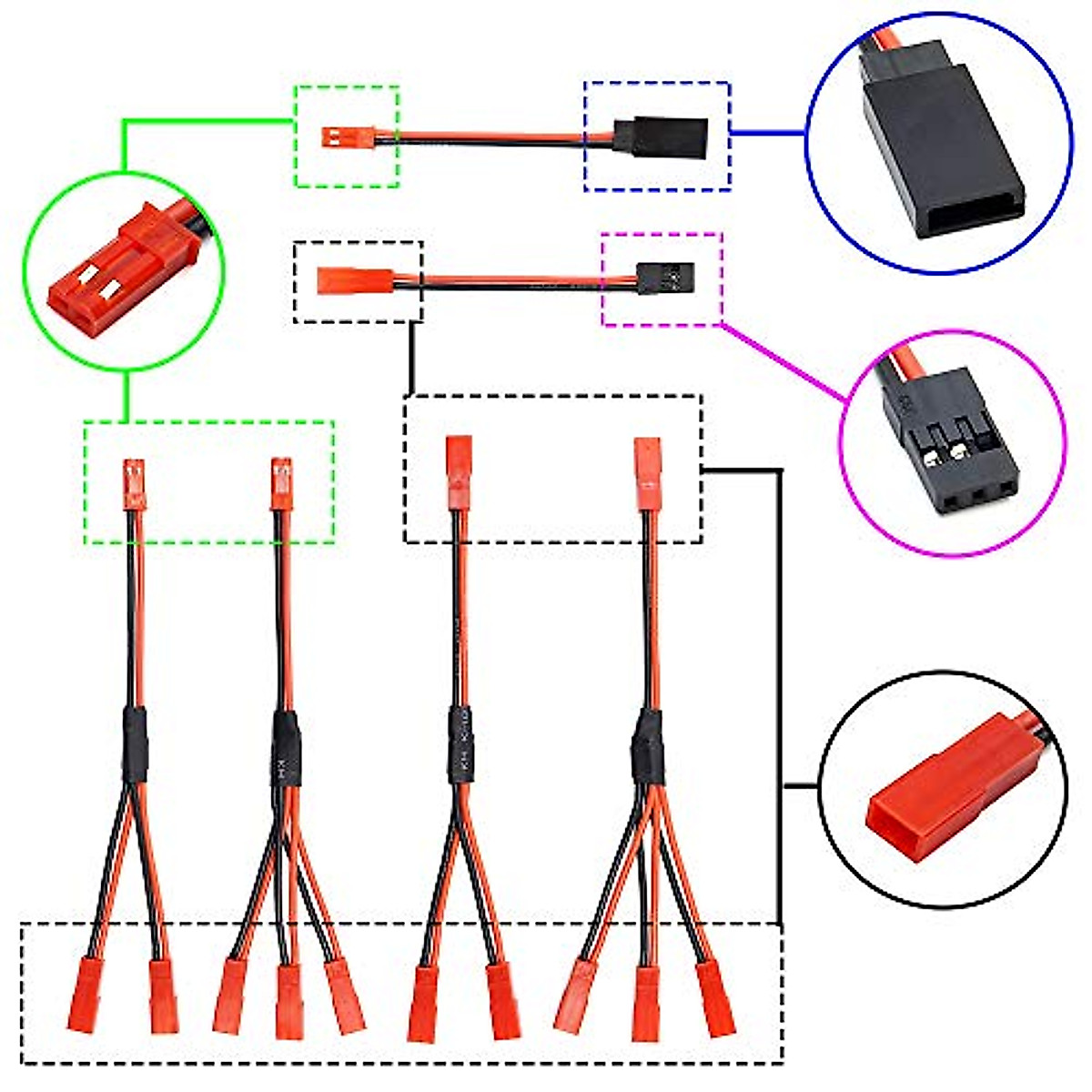 6PCS JST Plug Splitter JST Male Female Y Cable JST Y Parallel Adapter Harness JST to JR Adapter for Traxxas TRX-4 RC Car Crawler Truck Cooling Fan ESC Battery Motor