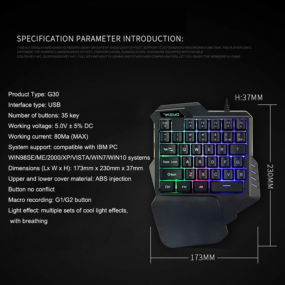HiGOGO G30 Wired 35 Keys One-Handed Gaming Keypad, Rainbow LED Backlight with Large Wrist Pad (Black)