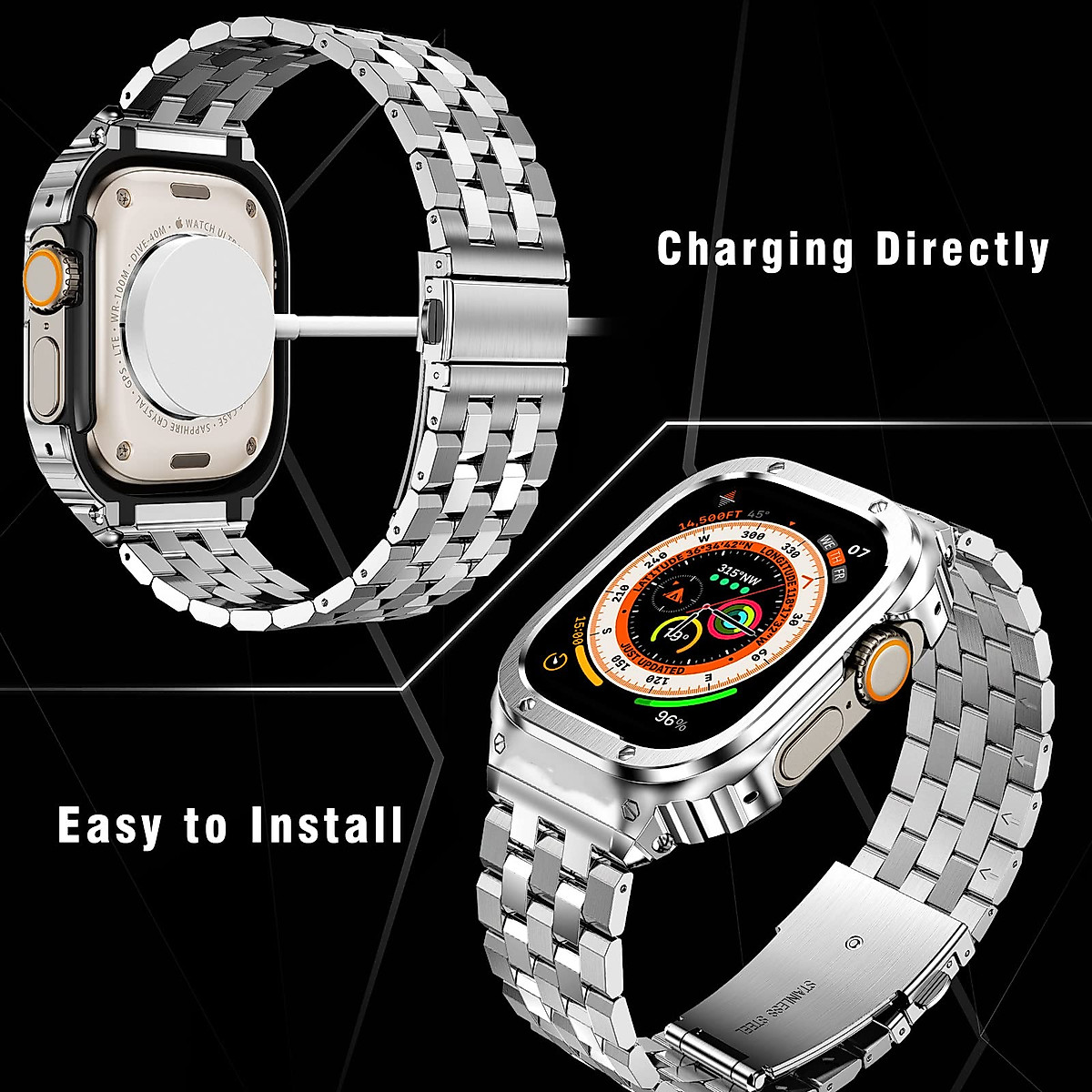 SUPLINK Stainless Steel Case with Band Compatible with Apple Watch Ultra 2/1 49mm Metal Rugged Protector Cover for iWatch Men (Silver)