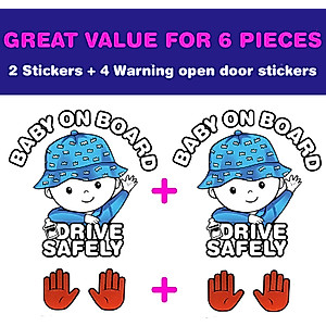 6 Pieces (2 Stickers Plus 4 Reflective Warning Open Door Sign), High Visibility, Baby in Car Sticker and Warning Open Door Sign, Baby on Board Sticker, Drive Safely Sticker
