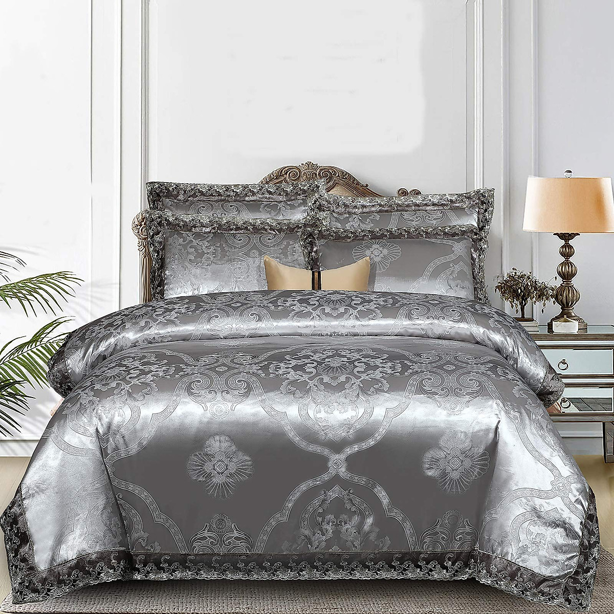Beyeutao Jacquard Queen Size Duvet Cover Elegant Gray Bedding Set Lace Satin Duvet Set 3 Piece Duvet Cover Pillowcases.(Gray, Queen)
