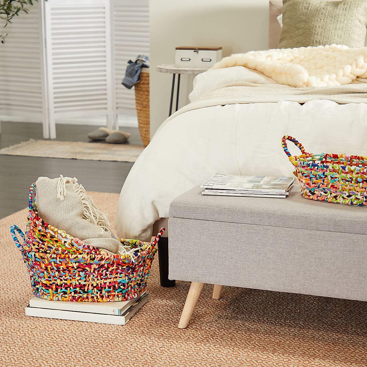 Deco 79 Cotton Round Storage Basket with Handles, Set of 3 9", 9", 7"H, Multi Colored