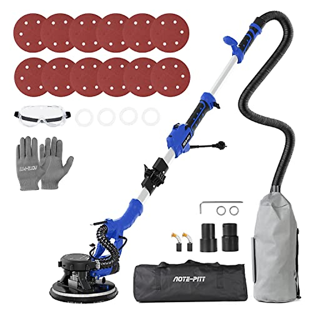 AOTE-PITT Drywall Sander, 810W 7A Electric Drywall Sander with Vacuum Attachment, Variable Speed 900-1,800RPM Power Wall Sanders with 12 Pcs Sanding Discs, LED Light, Extension Handle, Dust Hose