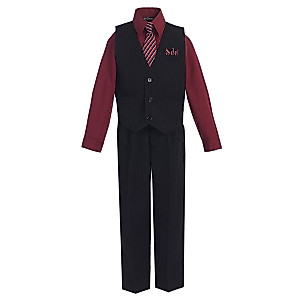 iGirlDress Little Boys' and Special Occasion Pinstripe Vest Set Black/Burgundy 4