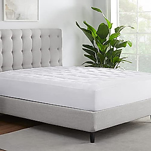 SERTA ComfortSure Breathable Elastic Dobby Check Quilted Pillow Top Mattress Pad Cover with 18" Deep Pocket for All Season, White, Queen