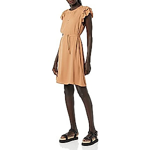 Amazon Essentials Women's Relaxed Fit Lightweight Georgette Split Neck Flutter Sleeve Shift Dress, Light Brown, Large