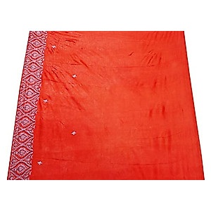 Peegli Vintage Orange Saree 100% Pure Silk Cloth Indian Embroidered Sari DIY Craft Fabric