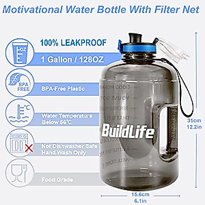 BuildLife Gallon Water Bottles with Times to Drink - Gallon Water Jug - 1 Gallon Water Bottle–BPA Free Water Bottle with Time Marke and Flip Top Leak Proof Lid One Click Open for Gym(Gray, 1 Gallon)