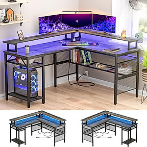 Unikito Cool L Shaped Computer Desk, Reversible Corner Office Desk with Smart Strip Light and Magic Power Outlets, Sturdy Ergonomic Gaming Table with Monitor Stand and Storage Shelf, Grid Design, Gray