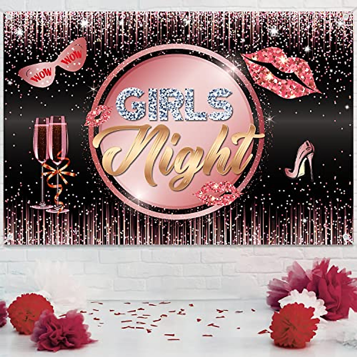Girls Night Backdrop Banner Party Decorations for Women Lady Girls Rose Gold Pink High Heels Champagne Bachelorette Bridal Shower Night Background Photography Decor Supplies Glitter