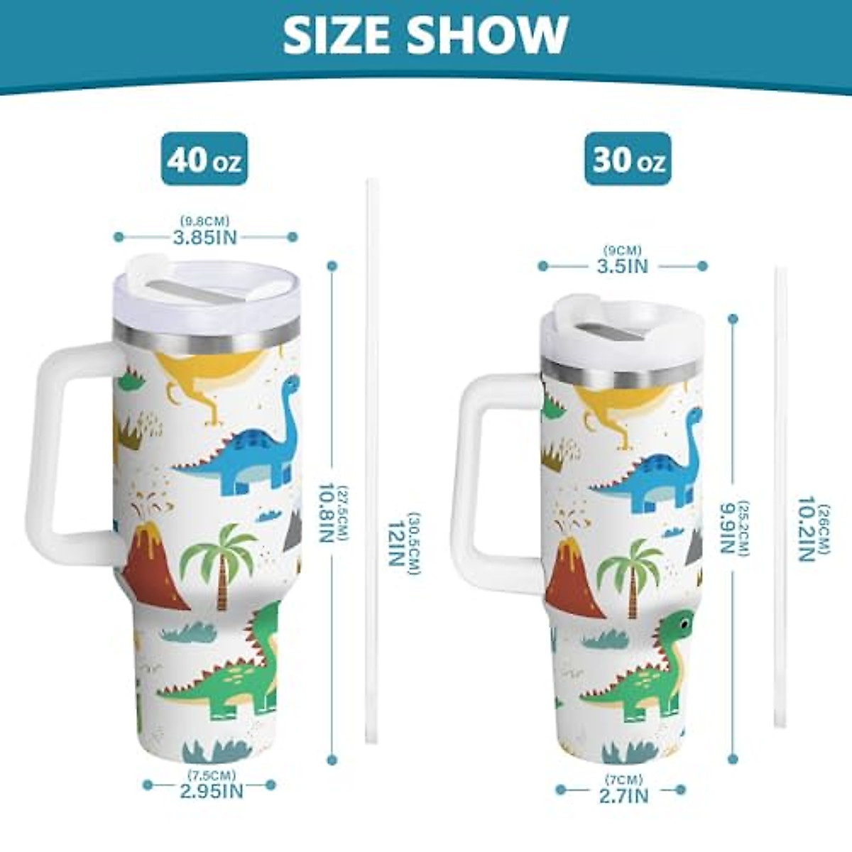 RPLIFE Cute Cartoon Dinosaurs White Coffee Tumbler with Handle, Stainless Steel Bottle, Insulated Cup with Straw, Coffee Tumbler for Women