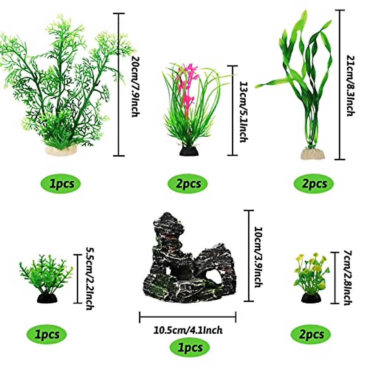 Fish Tank Accessories Aquarium Decorations Plants, 9pcs Green Fish Tank Decorations Plants and Cave Rock Decoration Decor Set, Fish Tank Decor, Aquarium Decor Plastic Plants