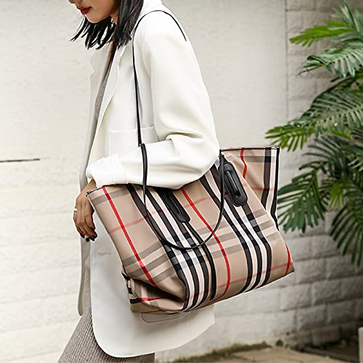 Handbags for Women, Canvas Fashion Shoulder Bag, Tote Bag Purse Top Handle Hobo Handbag,Stripes Style Large Capacity Purse Fashion Satchel with Zipper (Checkered Khaki)