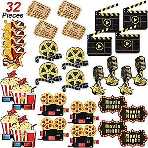 Fumete 32 Pieces Movie Night Party Cutouts Movie Party Decorations Kit Double Sided Printing Golden Black Paper Cards Red Carpet Clapboard Movie Tickets Film Reel Decor for Movie Night Party Supplies