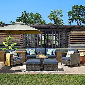 ovios Patio Furniture Set 6-Pieces Outdoor Wicker Sofa Couch with Glass Table Comfy Cushions Rattan Conversation Set for Backyard Deck Porch, Denim Blue