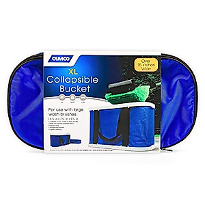 Camco Rectangular Collapsible Wash Bucket with Zippered Storage Case-Ideal For Large Wash Brushes,Perfect For Car,Truck,Boat and RV Washing-Holds 5 Gallons (42973),Blue and White,One Size