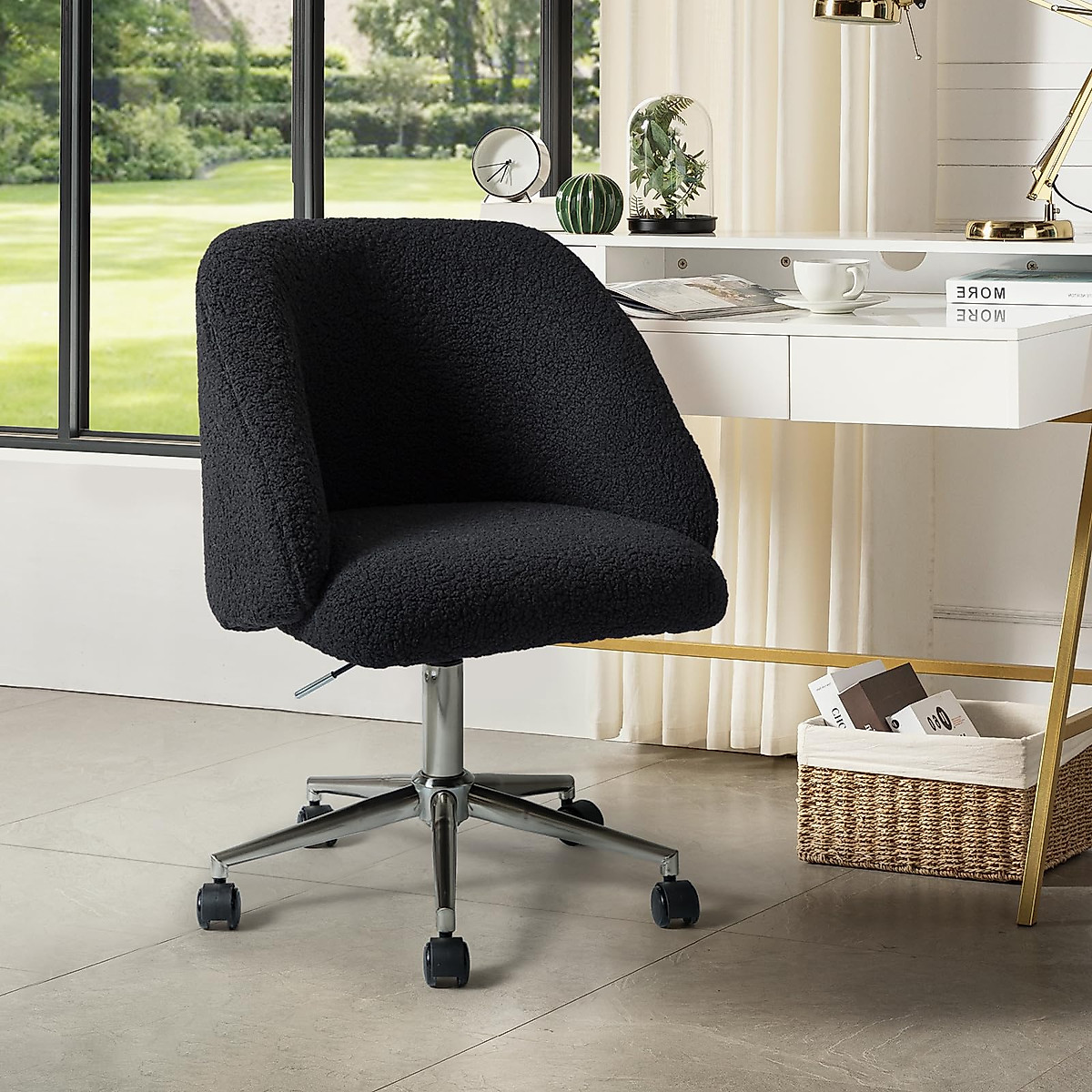 HULALA HOME Sherpa Home Office Desk Chair, Comfy Upholstered Adjustable Height Task Chair, Lamb Fleece Vanity Chair for Bedroom, Study Room, Black