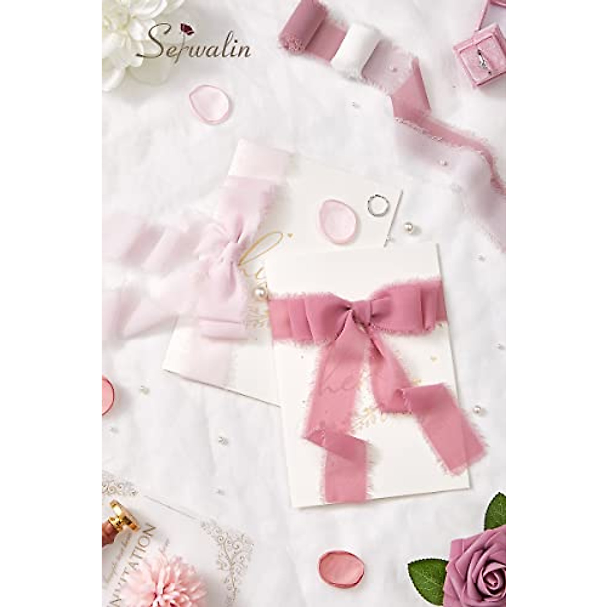 Serwalin Fringe Pink Chiffon Ribbon Silk Ribbon Set for Gift Wrapping 1.5" 6 Yd Fringe Frayed Edges Boho Wedding Ribbon Set for Bouquets Wrap,Wedding Invitations, Gifts Wrapping, Blush Pink